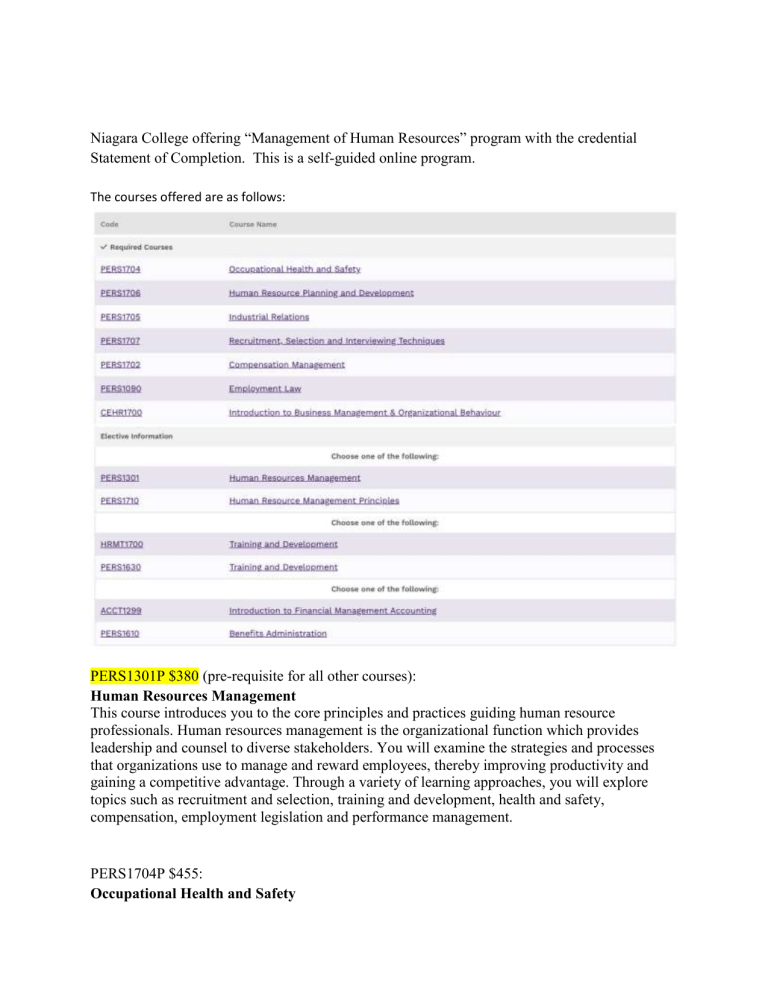 Niagara College Management of Human Resources Program - Online Courses