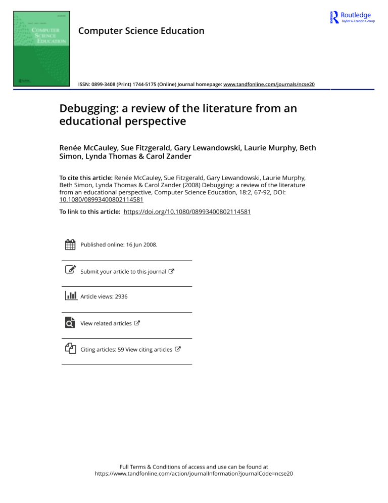 Debugging: Literature Review for Computer Science Education