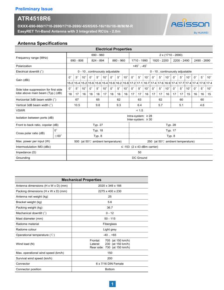 HUAWEI ATR4518R6 EasyRET Tri-Band Antenna Specifications - 2.0m