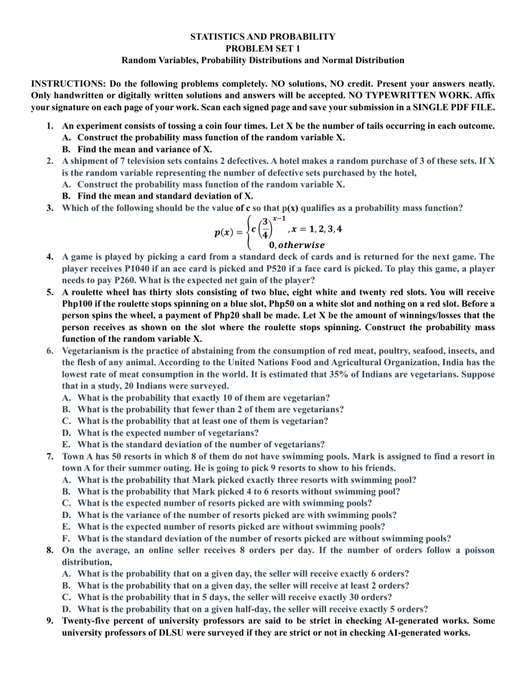 Statistics & Probability Problem Set 1: Random Variables & Distributions