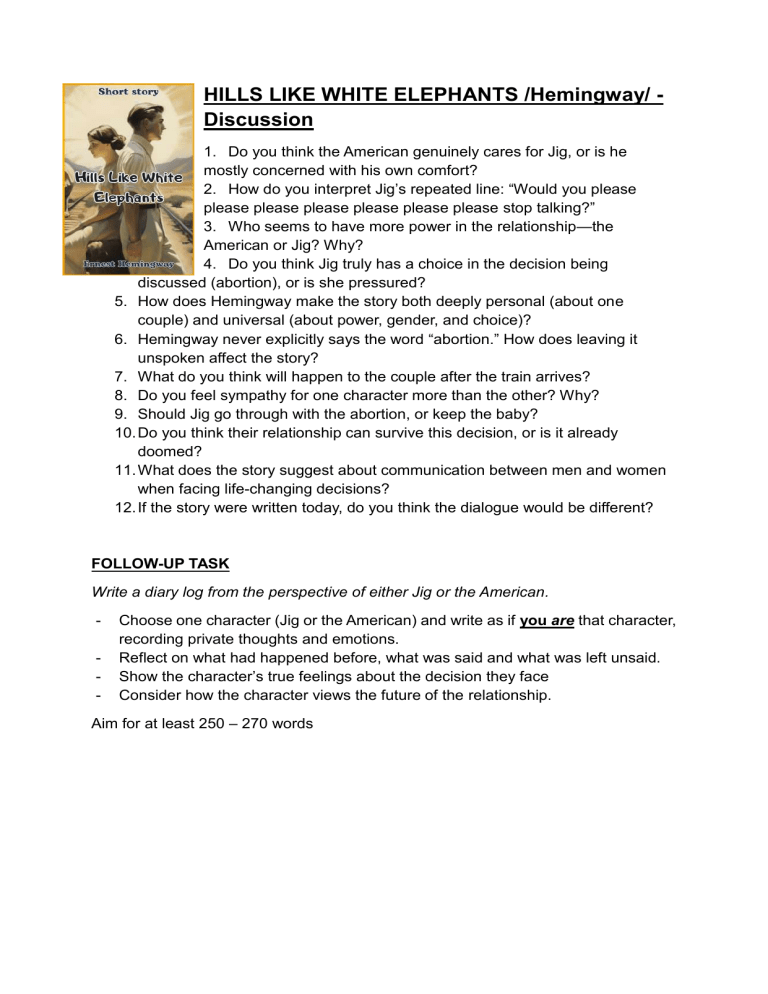 Hemingway's "Hills Like White Elephants" Discussion & Writing Task