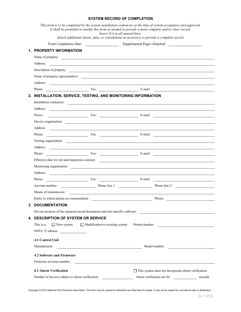 NFPA 72 System Record of Completion Form