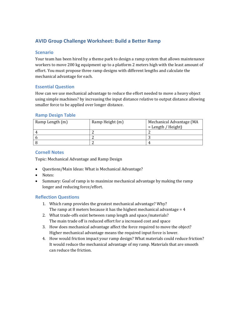 Ramp Design & Mechanical Advantage Worksheet