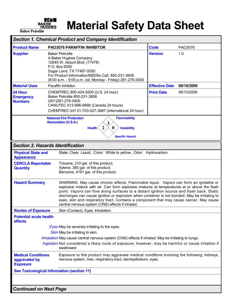 PAO3076 Paraffin Inhibitor MSDS: Safety Data & Chemical Hazards