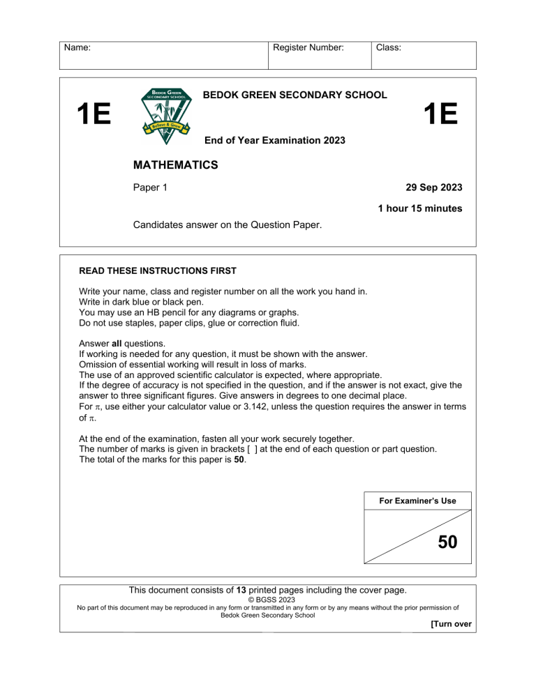Bedok Green Secondary School Mathematics Paper 1 Exam 2023