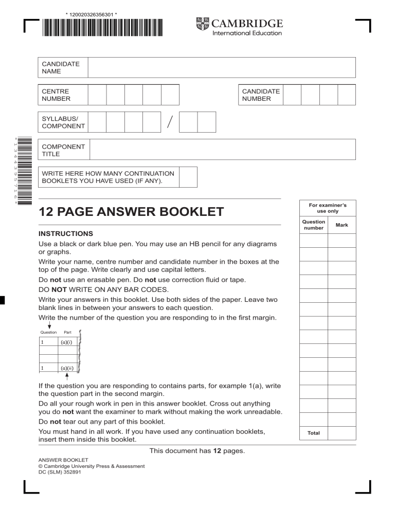 Cambridge Exam Answer Booklet