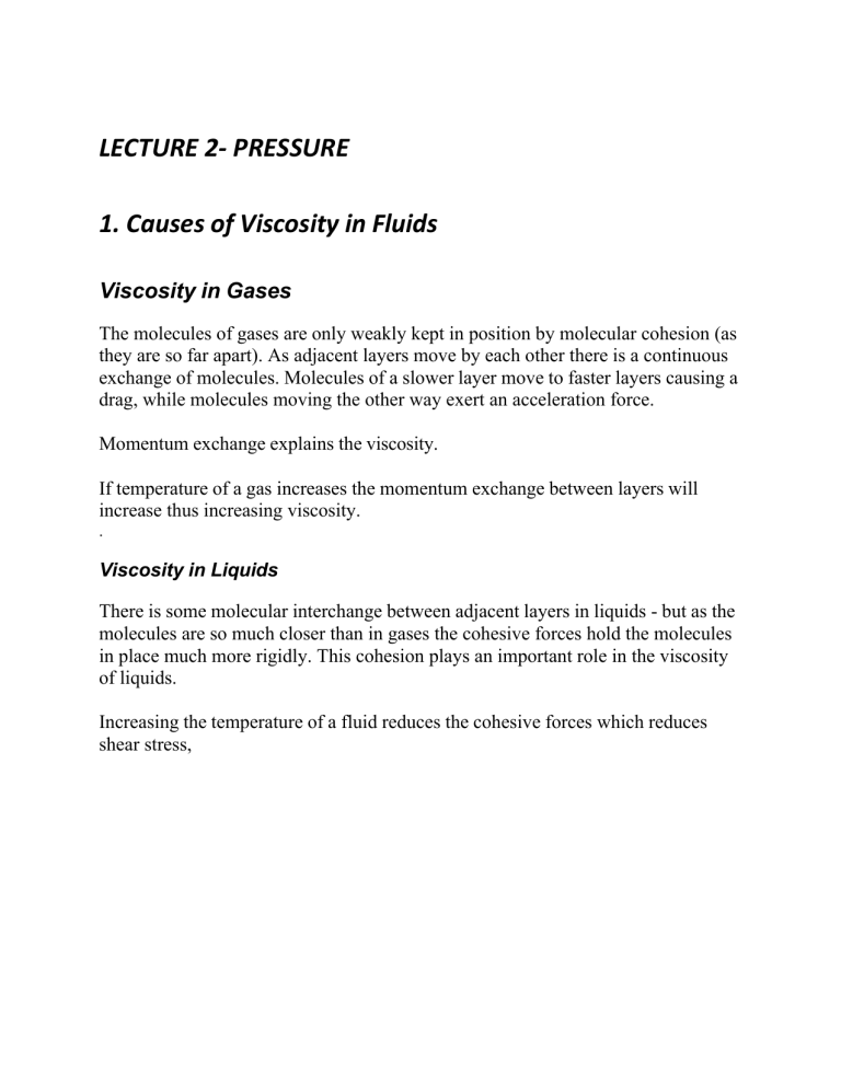 Lecture 2: Pressure & Viscosity in Fluids - Physics Notes