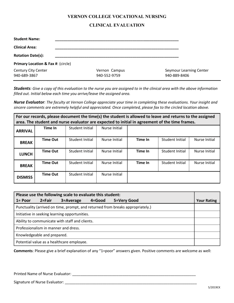 Vernon College Vocational Nursing Clinical Evaluation Form