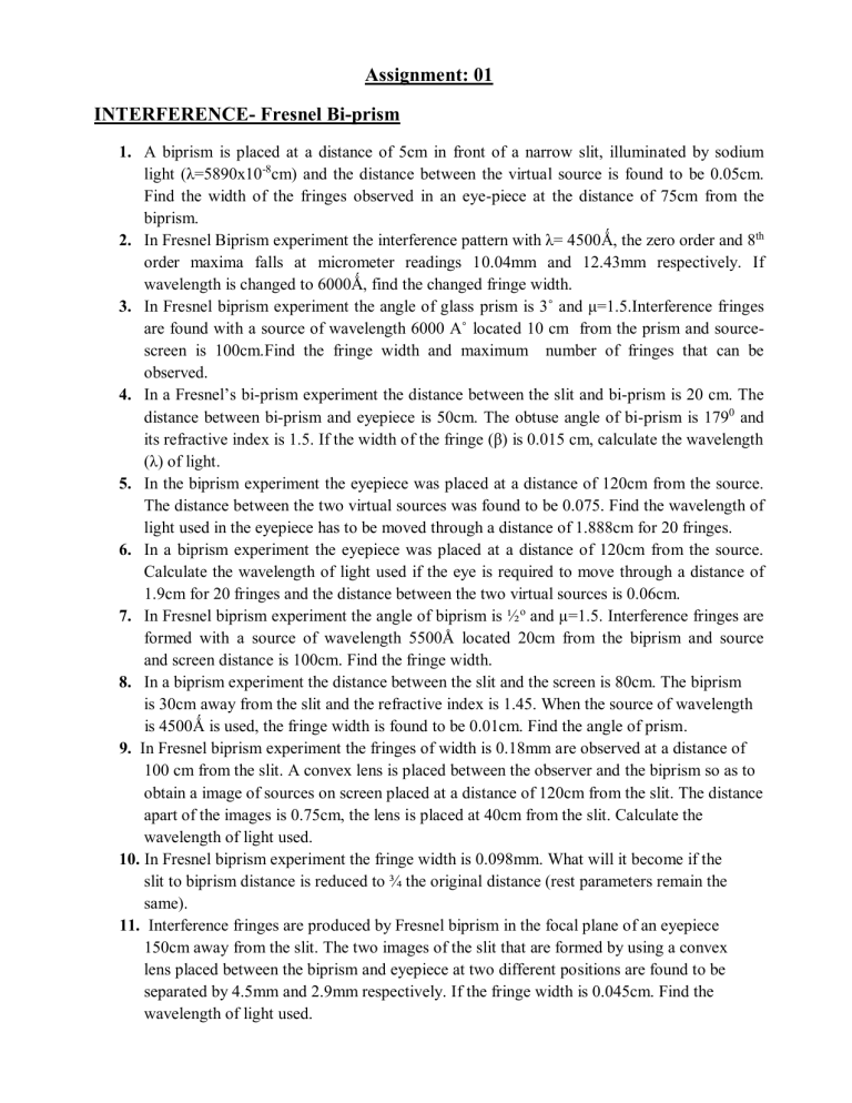 Fresnel Bi-prism Interference Problems | Physics Assignment 01