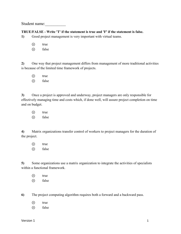Project Management Quiz: True/False & Multiple Choice Questions
