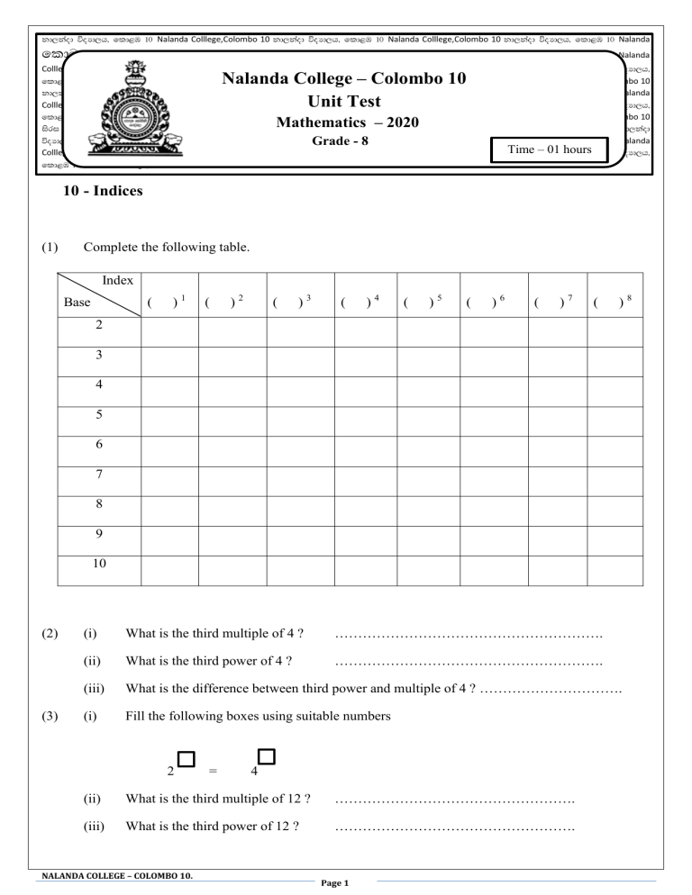 Grade 8 Math Unit Test: Indices - Nalanda College
