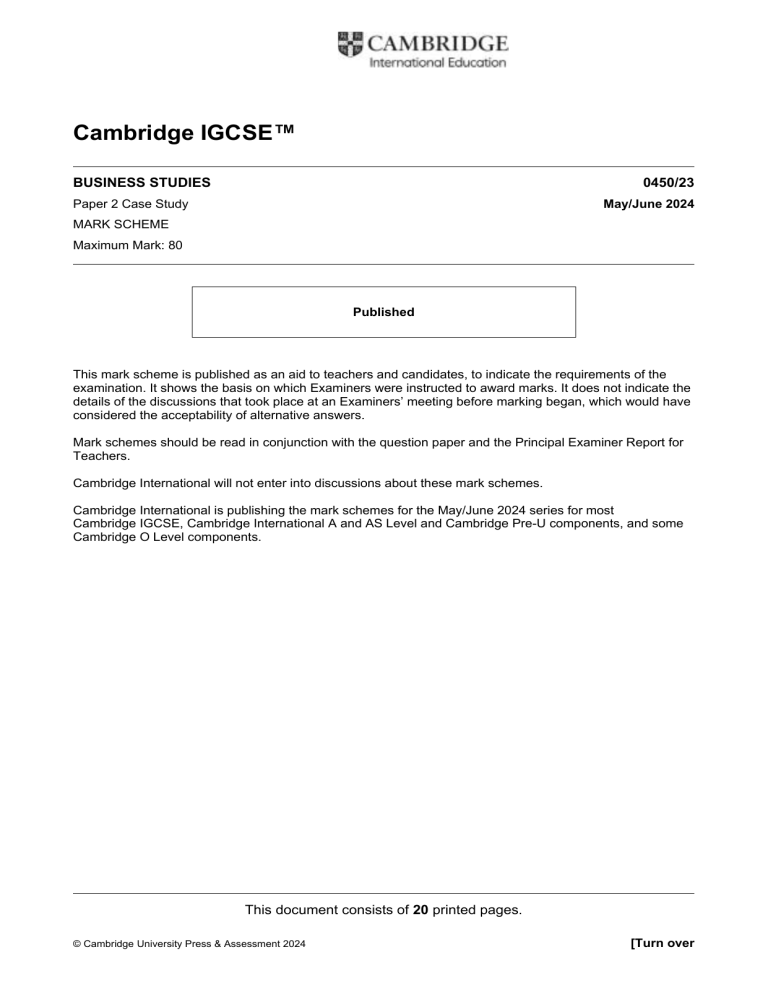 Cambridge IGCSE Business Studies 0450/23 Mark Scheme May/June 2024