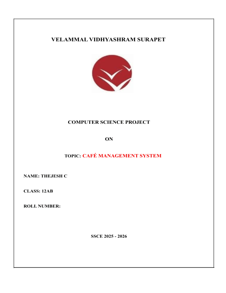 Cafe Management System Project: Python & MySQL for Class 12