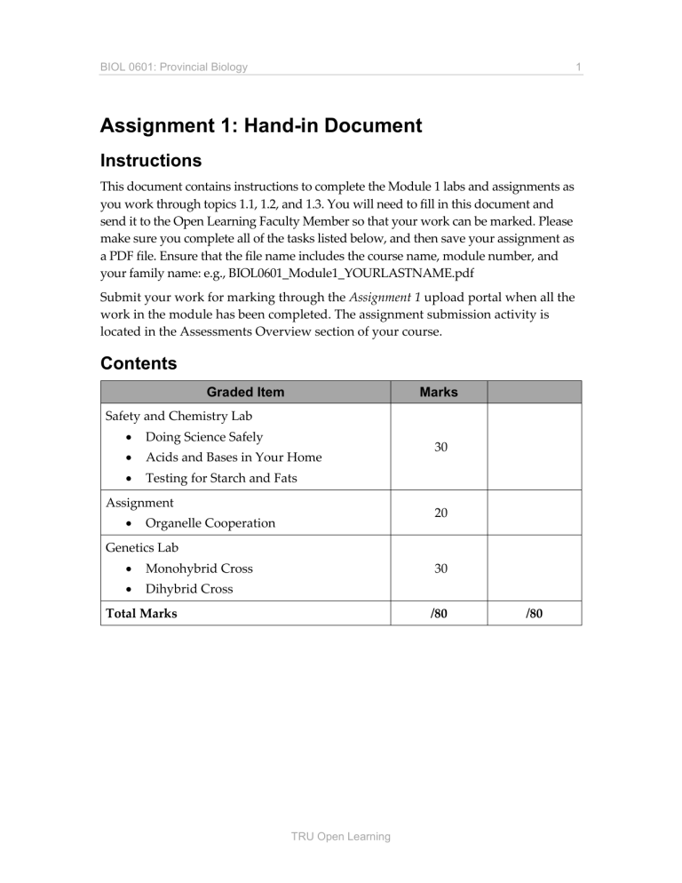 BIOL 0601 Provincial Biology: Module 1 Lab & Assignment Hand-in