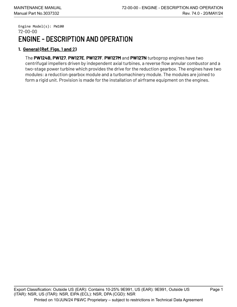 PW100 Turboprop Engine Maintenance Manual: Description & Operation