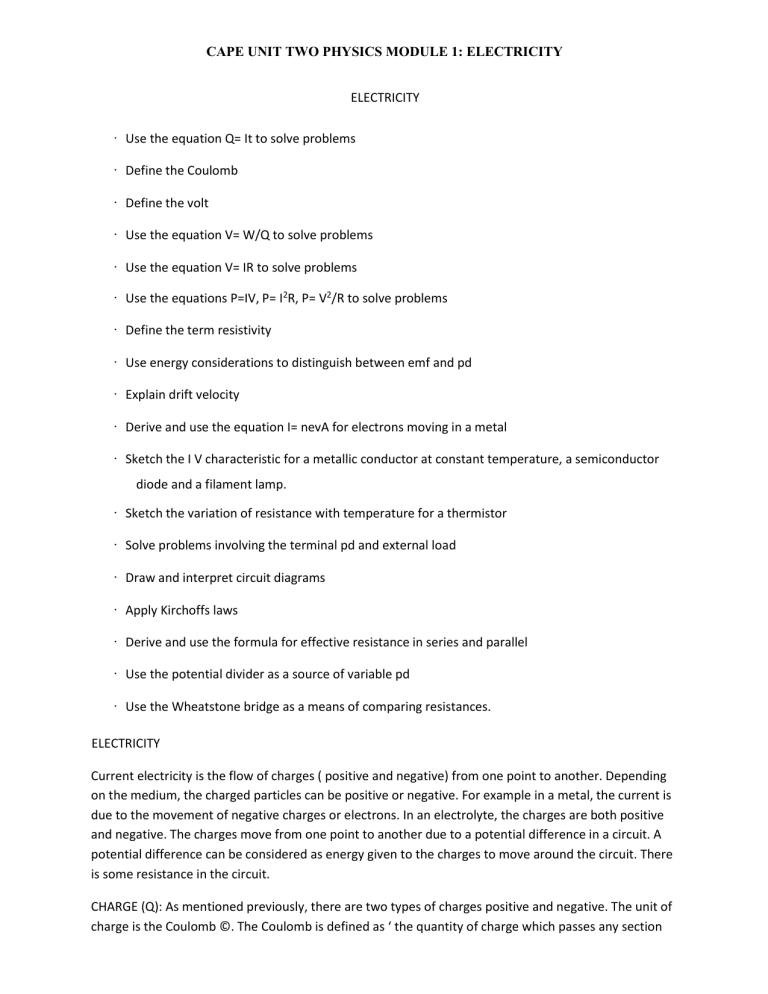 CAPE Unit Two Physics Module 1: Electricity Study Guide & Concepts