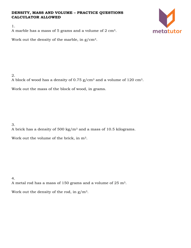 Density, Mass, Volume Practice Questions - Physics & Math Problems