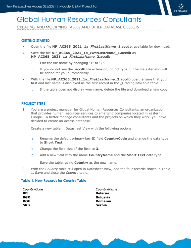 Access 365/2021 Module 1 Project: Creating & Modifying Database Objects