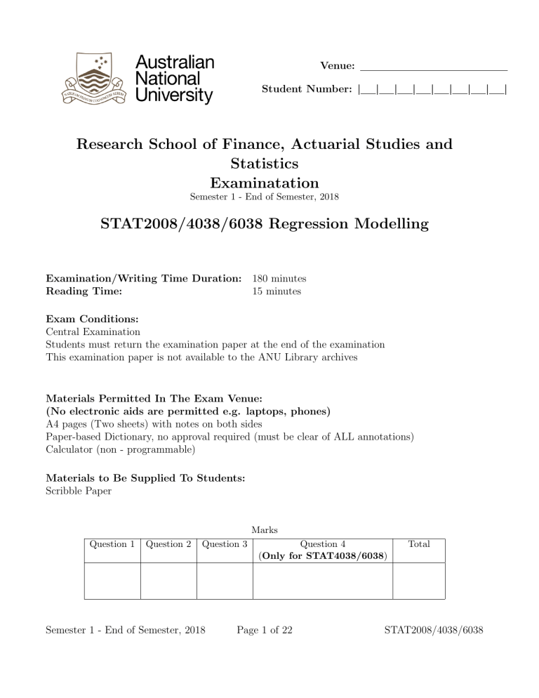 ANU Regression Modelling Exam 2018 - STAT2008/4038/6038