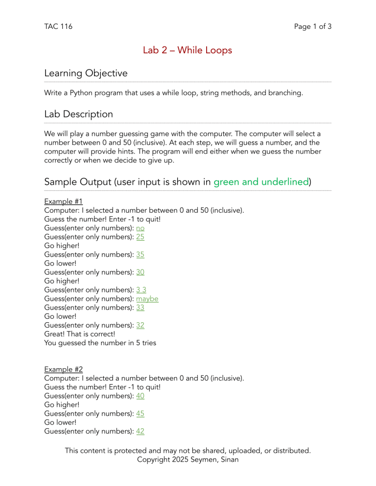 Python While Loops Lab: Number Guessing Game Assignment