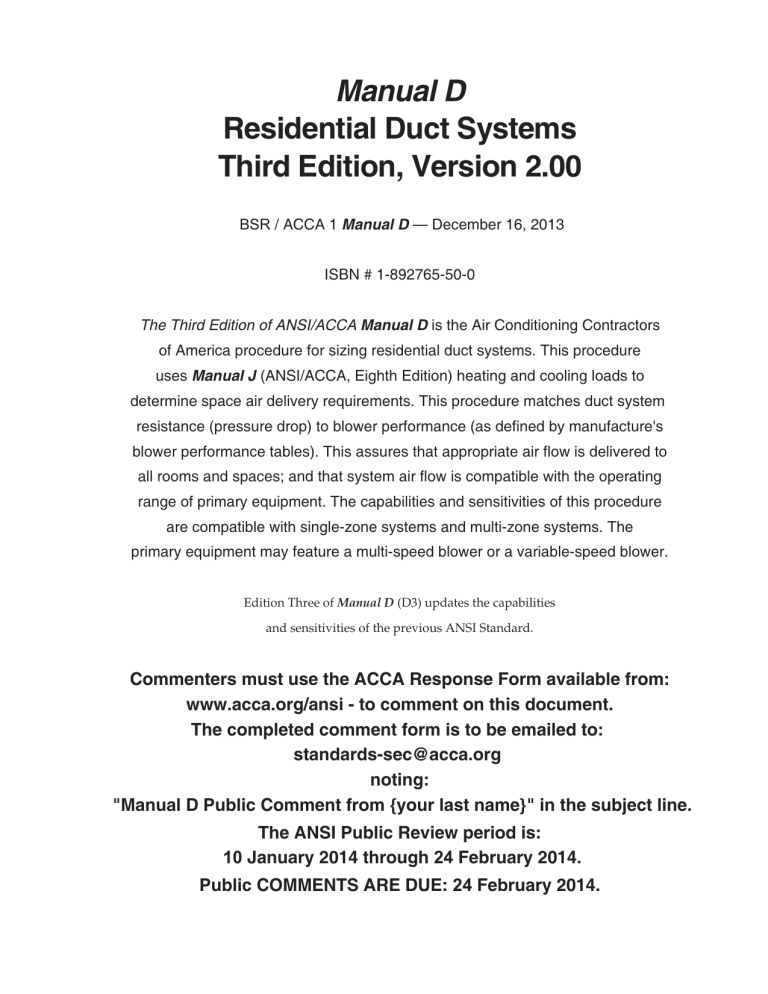 ACCA Manual D: Residential Duct Systems Sizing & Design Standard