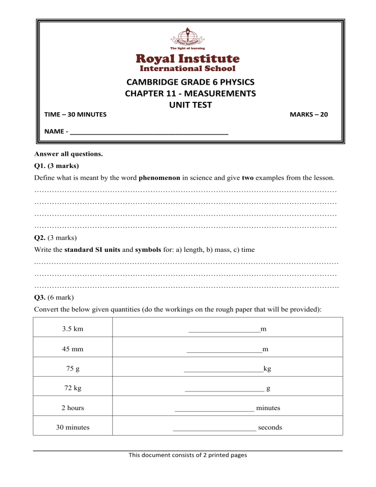 Cambridge Grade 6 Physics Unit Test: Measurements