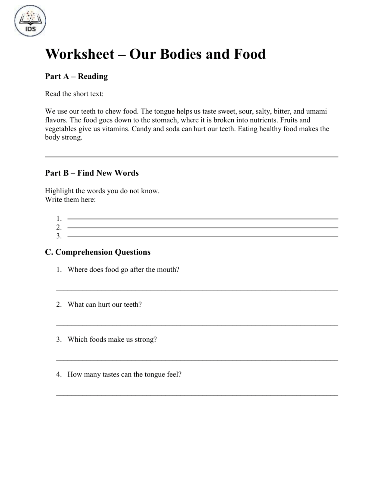 Our Bodies and Food Worksheet: Elementary Science