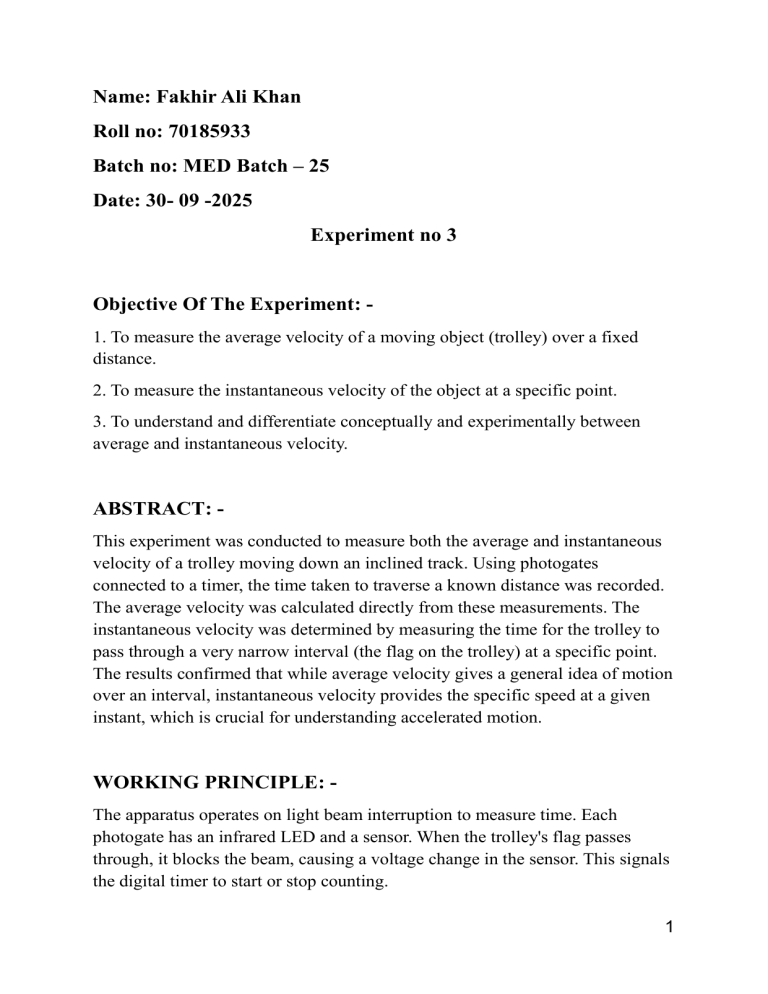 Velocity Lab Report: Average vs. Instantaneous
