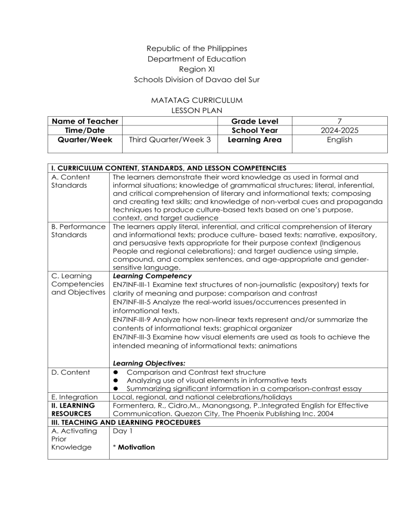 English Grade 7 Lesson Plan: Comparison & Contrast Text Structure