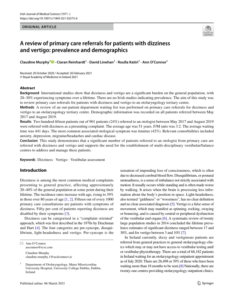Dizziness & Vertigo Referrals: Prevalence & Demographics in Ireland