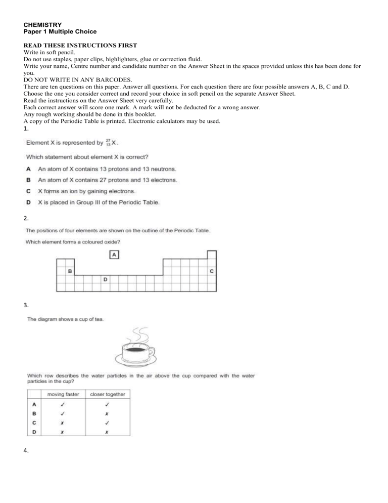 Chemistry Paper 1 Multiple Choice Exam - High School Questions