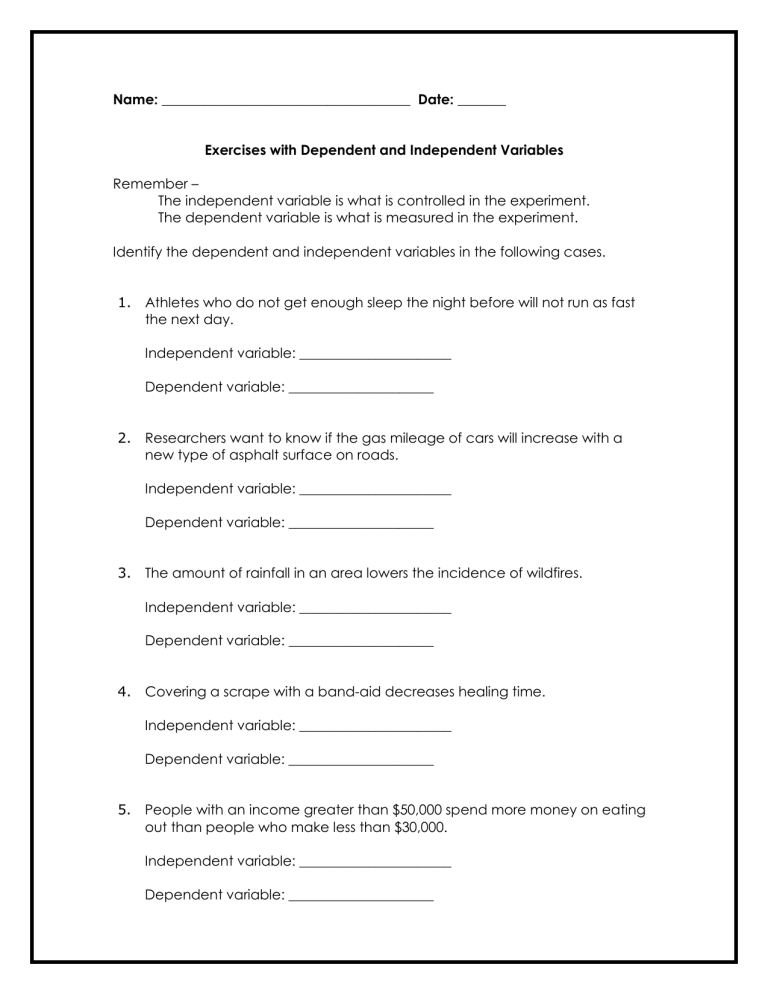 Independent & Dependent Variables Worksheet