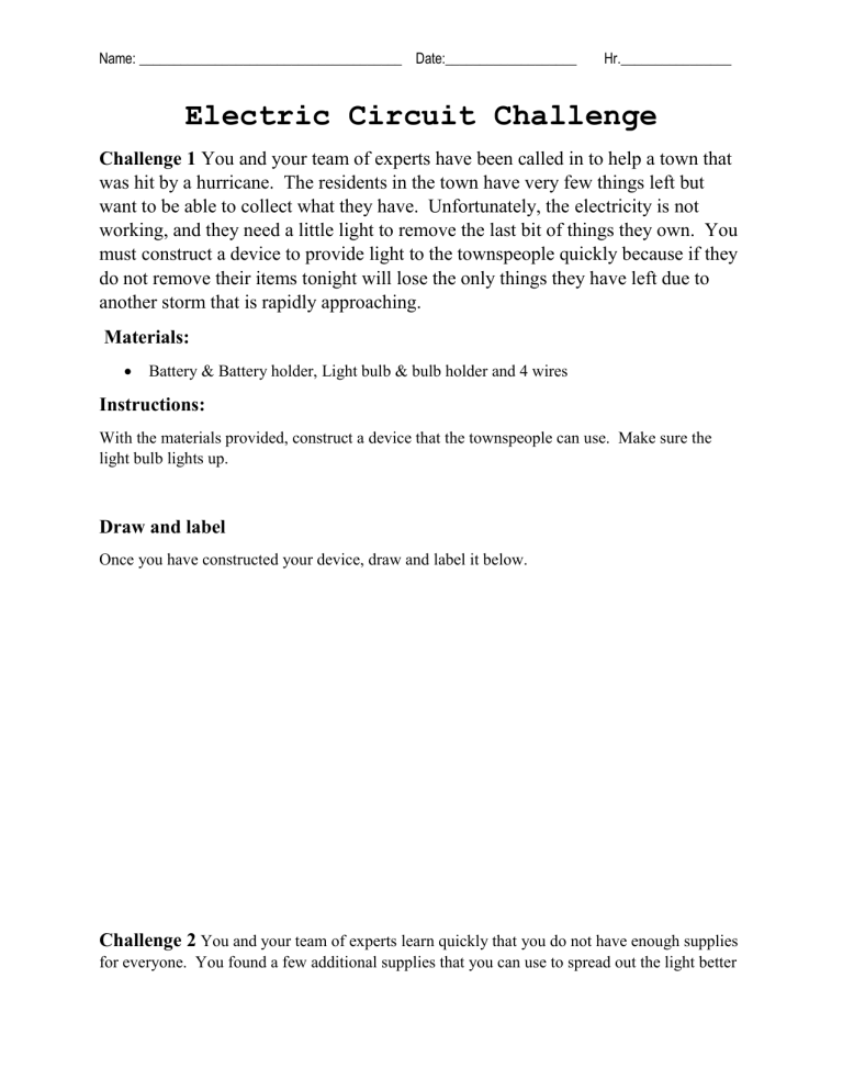 Electric Circuit Challenge Worksheet