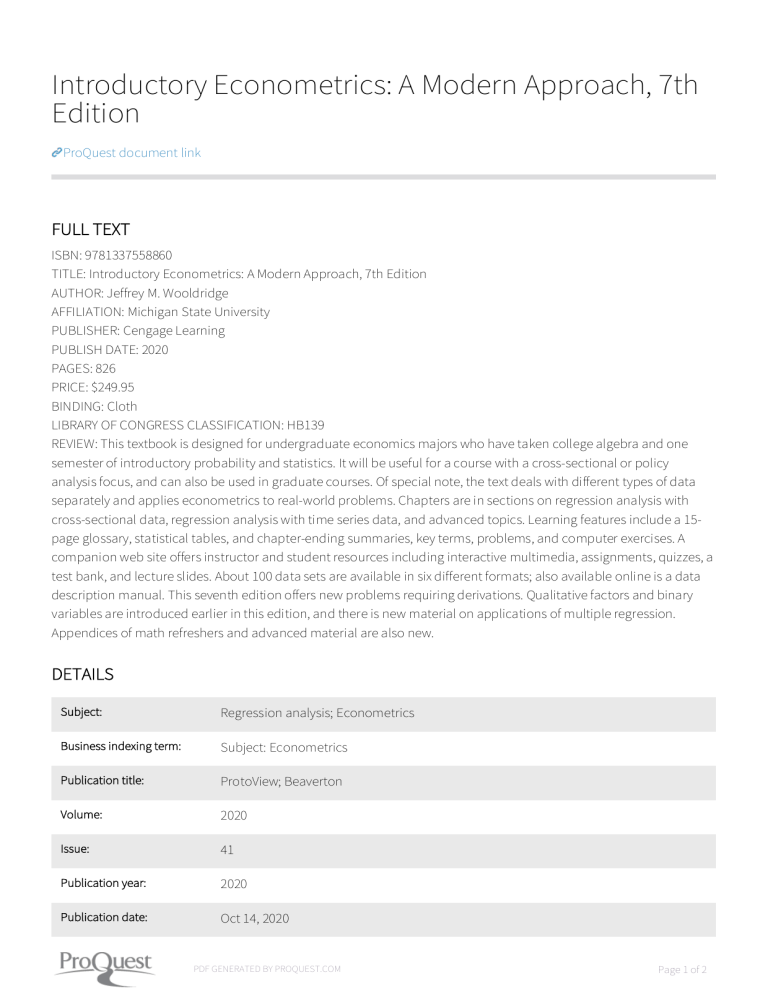 Introductory Econometrics: A Modern Approach, 7th Ed. Textbook Review