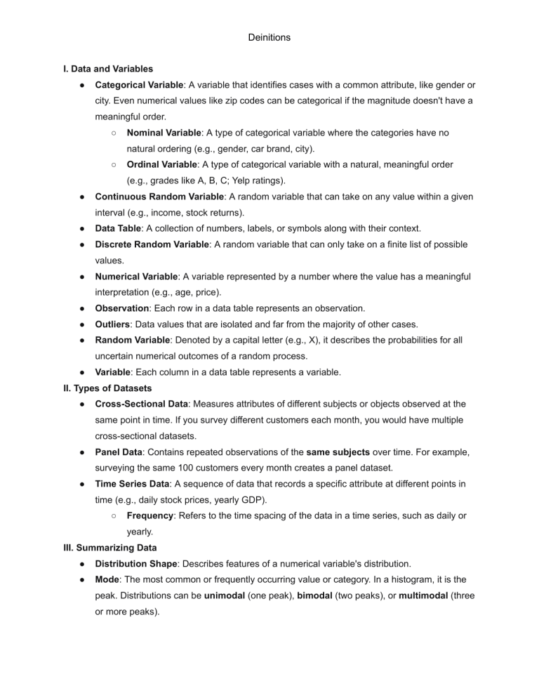 Statistics & Probability Definitions: Data, Variables, Distributions