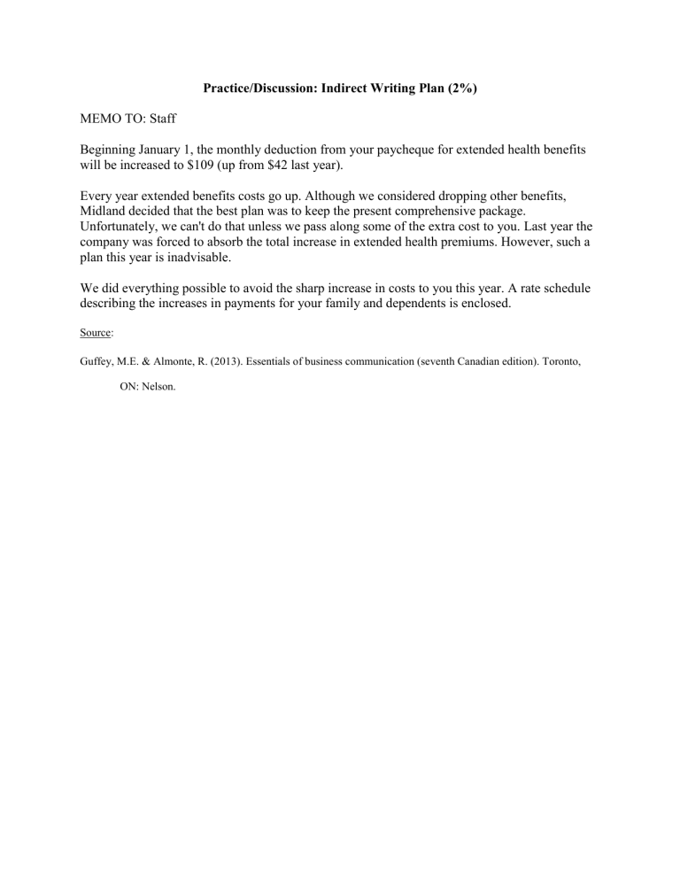 Indirect Writing Plan Memo: Health Benefit Deduction Increase
