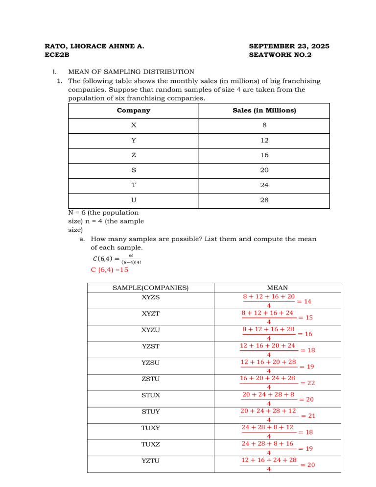 Sampling Distribution Mean & Variance: Statistics Seatwork