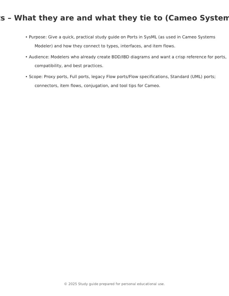 SysML Ports in Cameo: Study Guide on Types, Interfaces & Item Flows