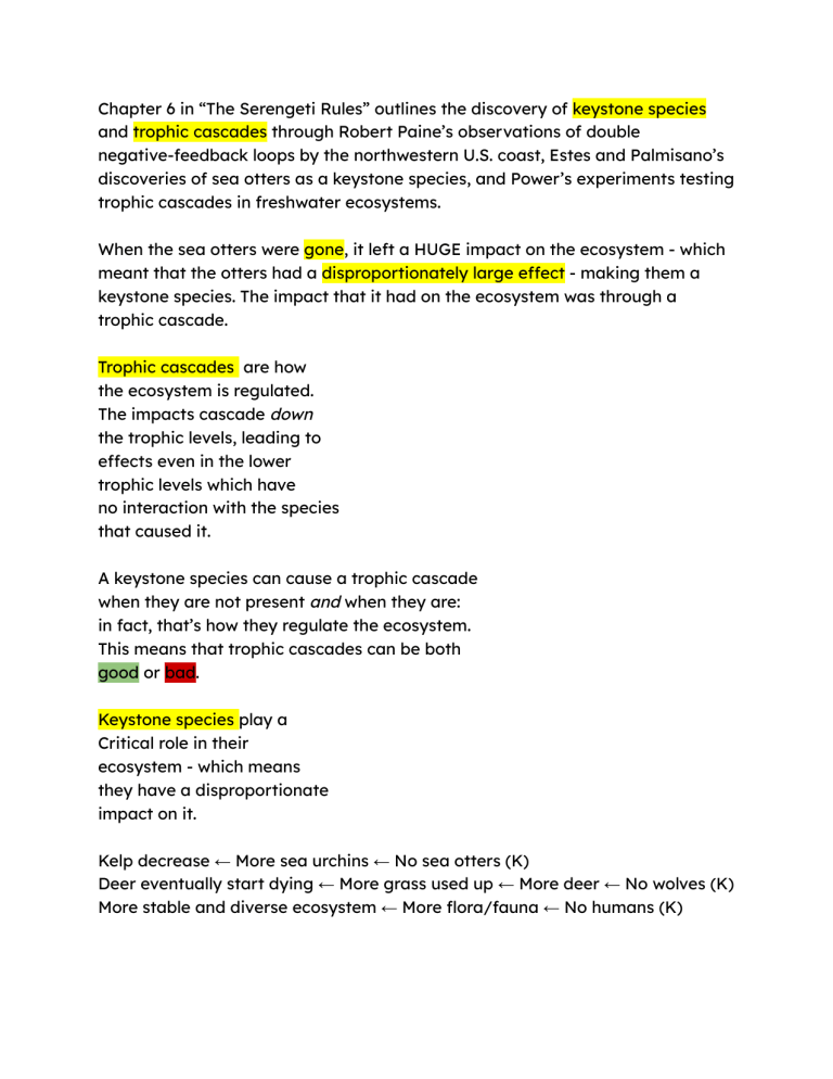 Keystone Species & Trophic Cascades: The Serengeti Rules Chapter 6 Summary