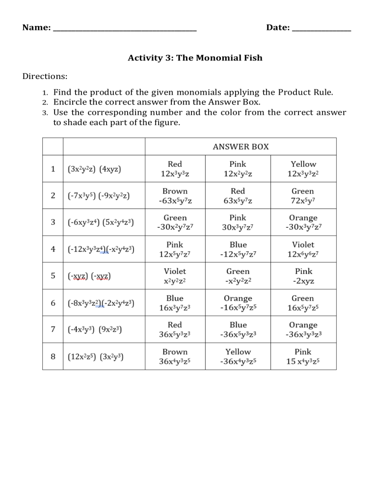 Monomial Multiplication Worksheet: Product Rule Practice