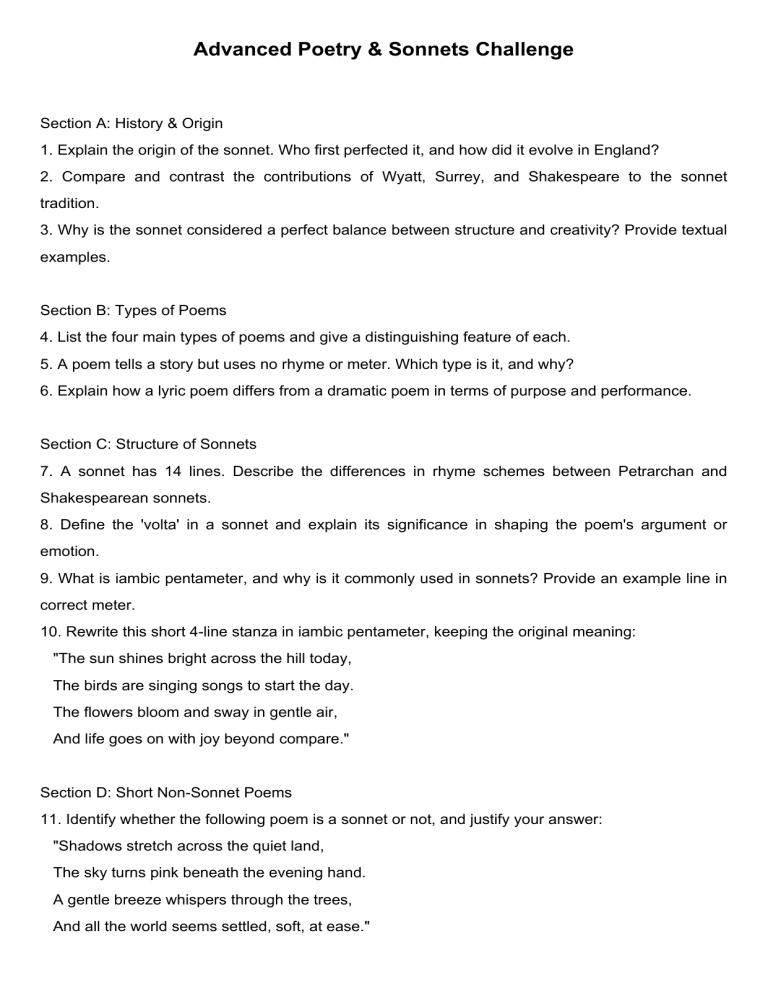 Advanced Poetry & Sonnets Challenge: History, Structure & Analysis