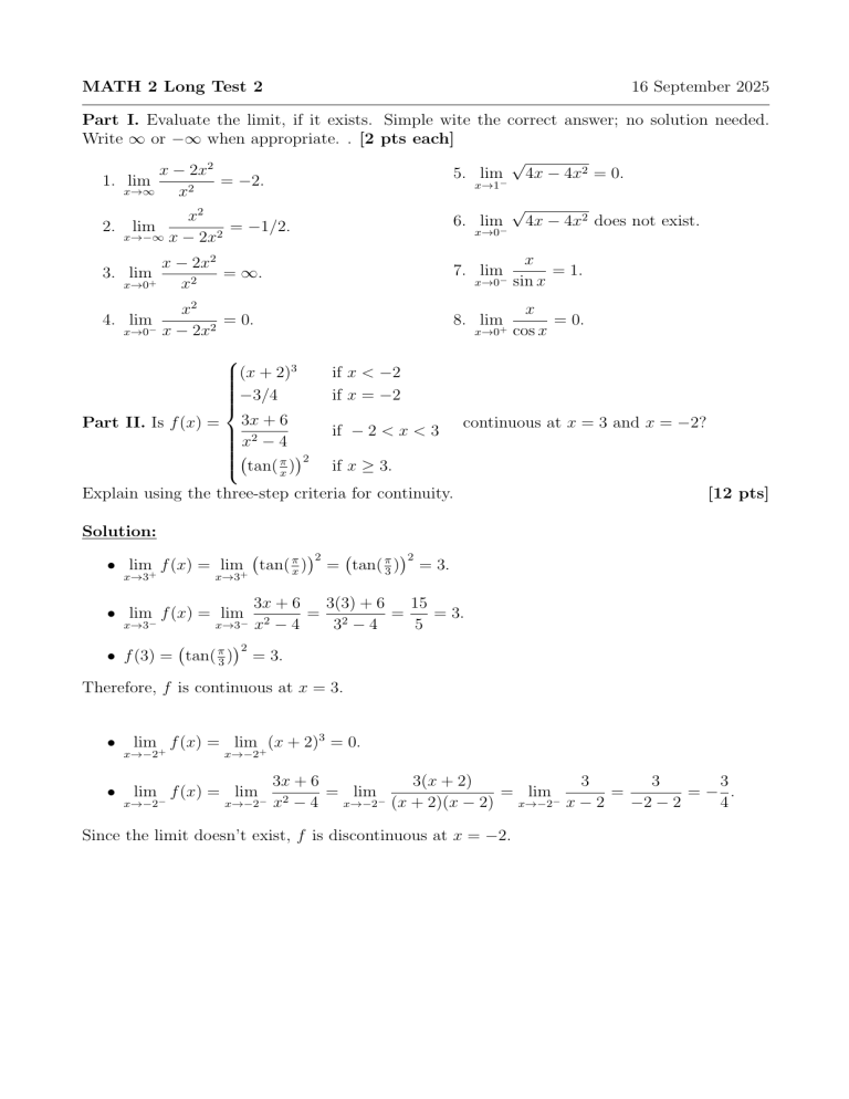 MATH 2 Test: Limits and Continuity