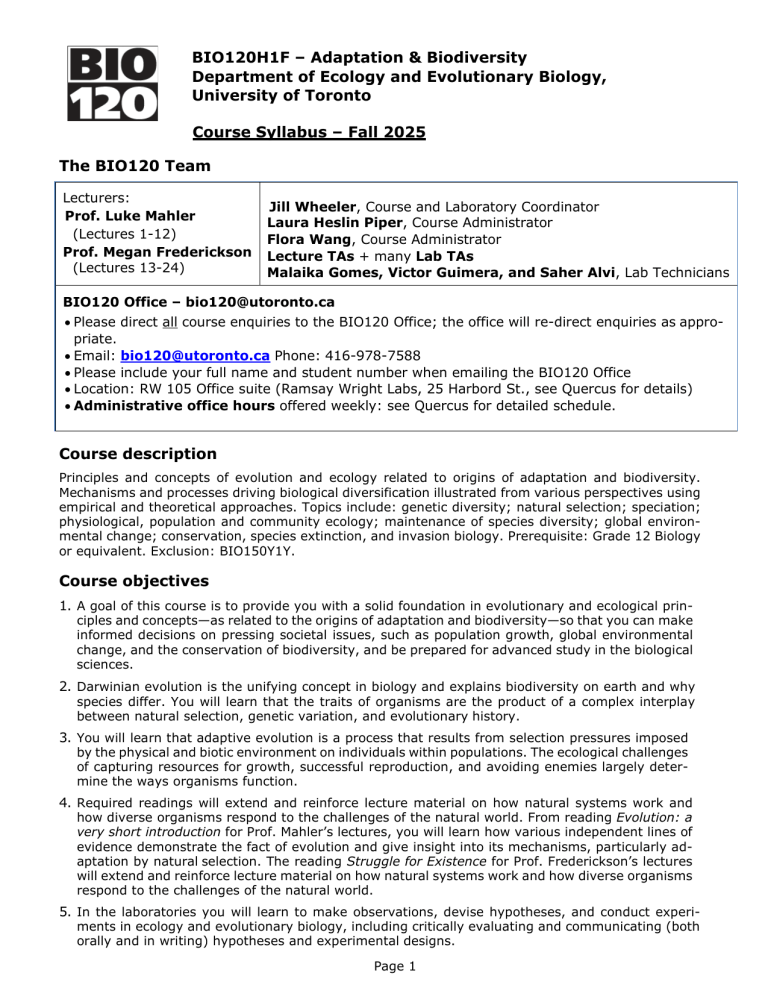 BIO120H1F Adaptation & Biodiversity Course Syllabus - Fall 2025