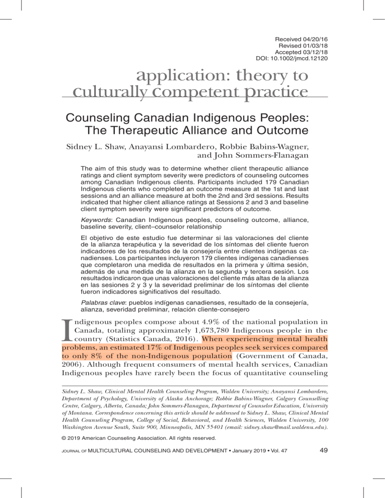Counseling Indigenous Peoples: Therapeutic Alliance & Outcome