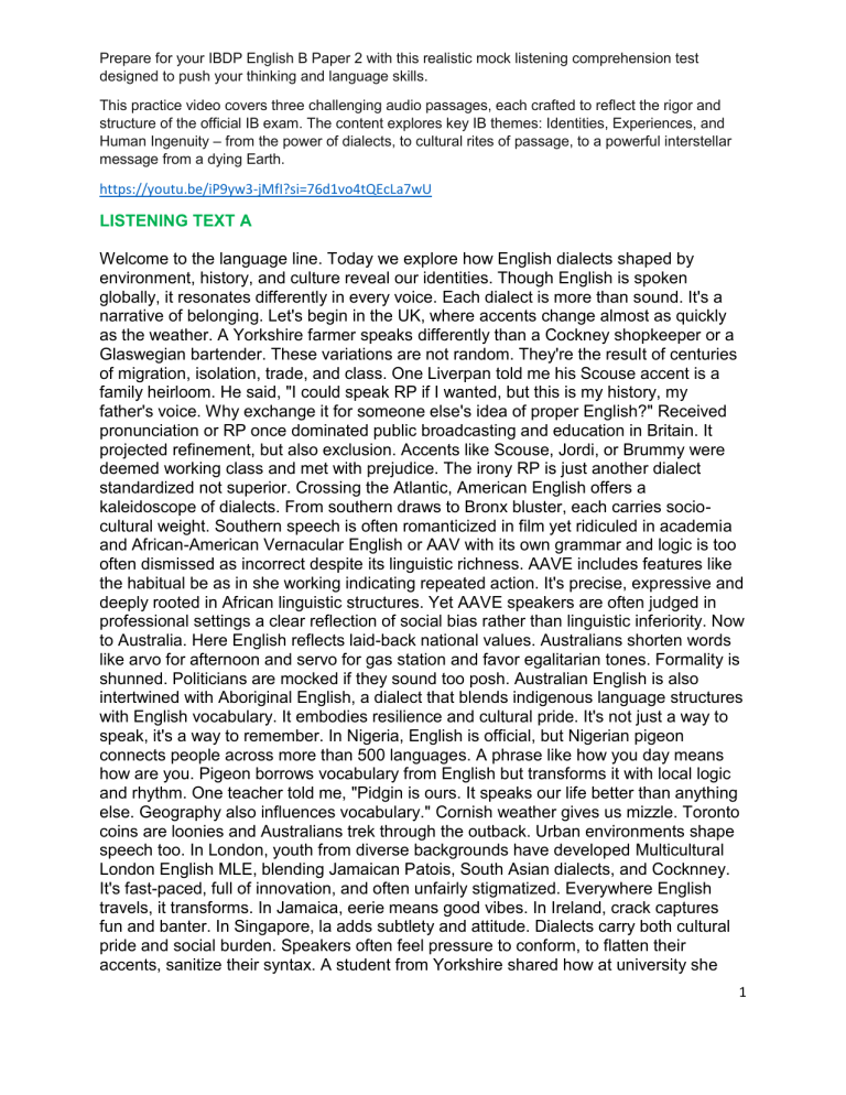 IBDP English B Paper 2 Listening Mock Test: Dialects, Rites, Humanity