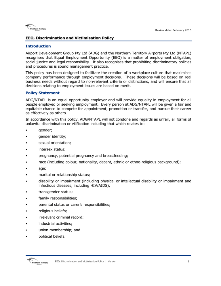 EEO, Discrimination & Victimisation Policy | ADG/NTAPL