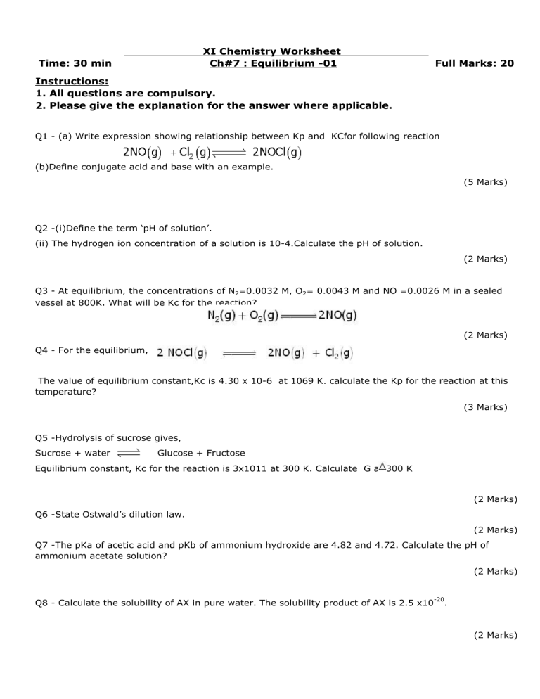 XI Chemistry Worksheet: Equilibrium - Kp, Kc, pH, Solubility