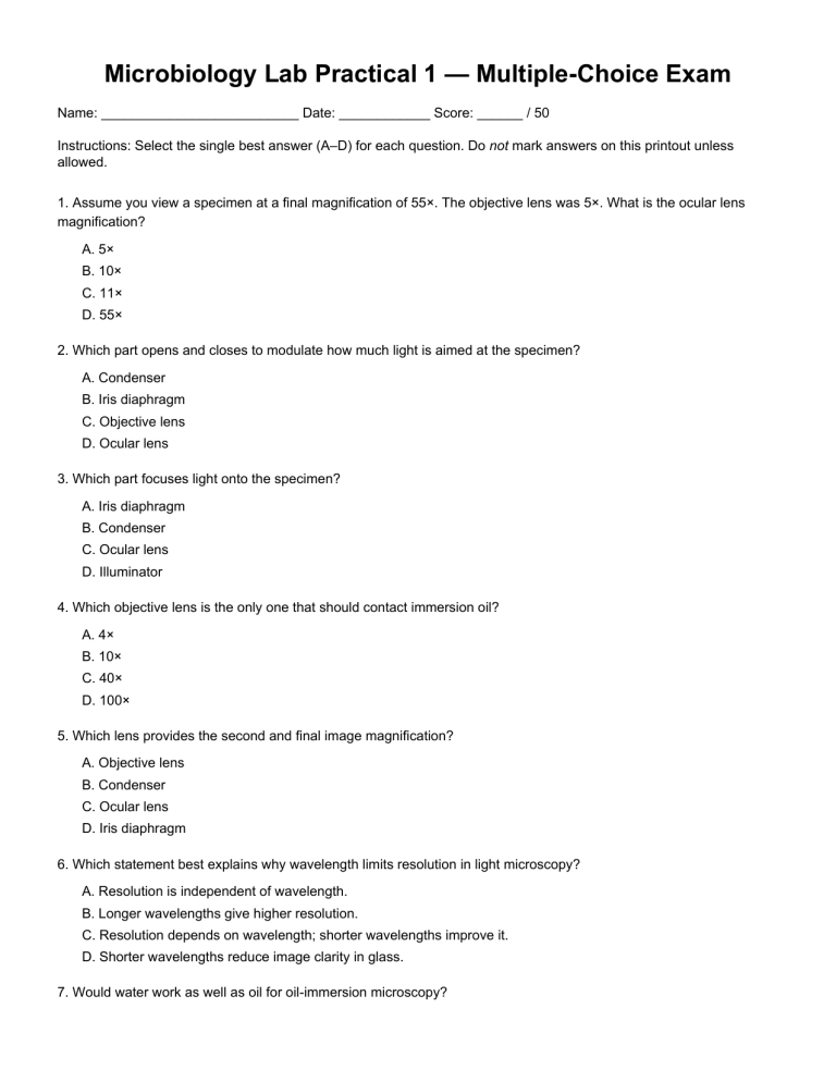 Microbiology Lab Practical 1: Multiple-Choice Exam on Microscopy & Staining