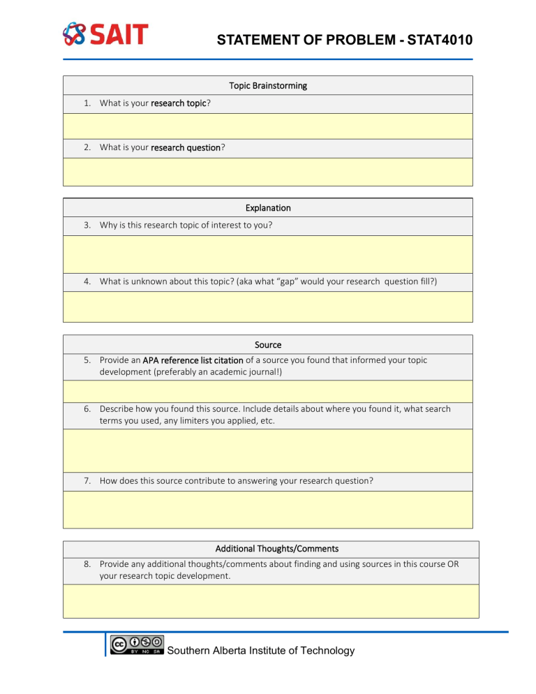 STAT4010 Statement of Problem Assignment