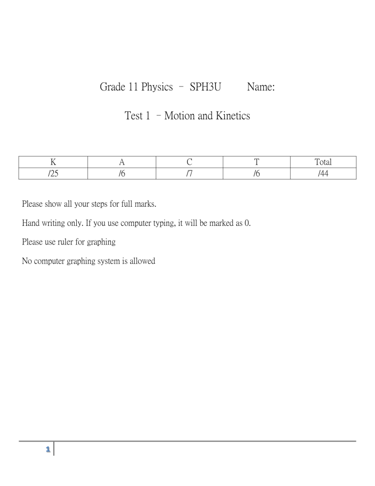 Grade 11 Physics Test: Motion and Kinetics